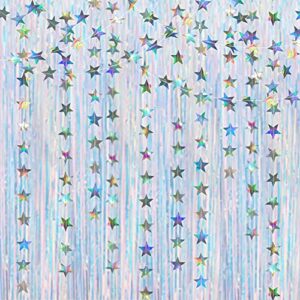 Iridescent Tinsel Foil Fringe Curtains for Birthday Party Photo Backdrop Twinkle Star Garland Holographic Backdrop for Disco Euphoria Party Decorations