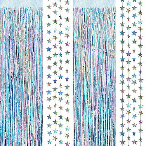 Iridescent Tinsel Foil Fringe Curtains for Birthday Party Photo Backdrop Twinkle Star Garland Holographic Backdrop for Disco Euphoria Party Decorations