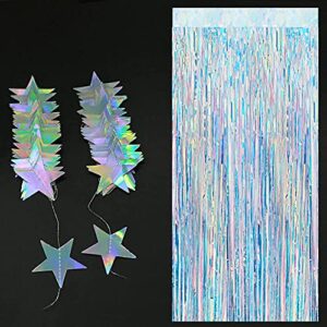 Iridescent Tinsel Foil Fringe Curtains for Birthday Party Photo Backdrop Twinkle Star Garland Holographic Backdrop for Disco Euphoria Party Decorations