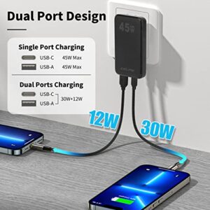 Flat USB Wall Charger, 45W USB c GaN Charger, Super Fast Charger, Folding Dual Port Wall Charger with PD 3.0 & GaN for Laptops, Tablets, Phones