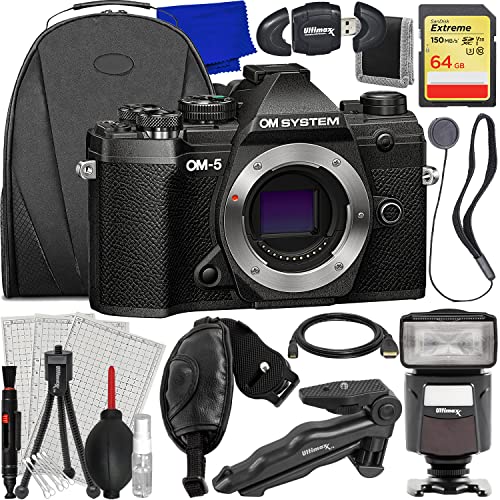 Ultimaxx Advanced OM-5 Mirrorless Camera (Black - Body Only) Bundle - Includes: 64GB Extreme Memory Card, Universal Speedlite with LED Video Light, Tabletop 6.5” Tripod & Much More (21pc Bundle)