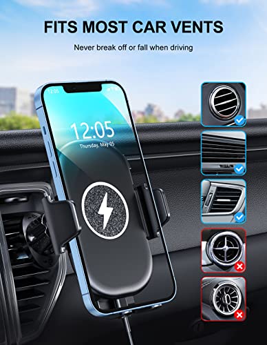 OBRFFE Wireless Car Charger Mount [QC 3.0 Car Charger Included], Max 15W Qi Fast Charging Phone Mount for Car Air Vent Compatible with iPhone 14 13 12 11 Pro Max/XR/XS/X, Galaxy Note 20/S23/S22, etc