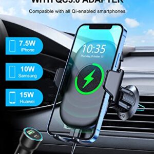 OBRFFE Wireless Car Charger Mount [QC 3.0 Car Charger Included], Max 15W Qi Fast Charging Phone Mount for Car Air Vent Compatible with iPhone 14 13 12 11 Pro Max/XR/XS/X, Galaxy Note 20/S23/S22, etc