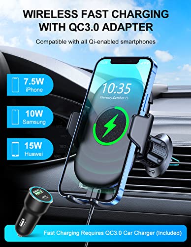 OBRFFE Wireless Car Charger Mount [QC 3.0 Car Charger Included], Max 15W Qi Fast Charging Phone Mount for Car Air Vent Compatible with iPhone 14 13 12 11 Pro Max/XR/XS/X, Galaxy Note 20/S23/S22, etc