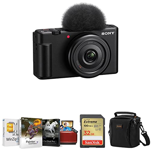 Sony ZV-1F Vlogging Camera, Black Bundle with Corel Mac Software Kit, 32GB SD Card, Shoulder Bag