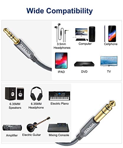 AkoaDa 1/4 to 1/8 Cable Stereo Audio Cable 【10ft】6.35mm 1/4" Male to 3.5mm 1/8" Male TRS Bidirectional Stereo Audio Cable Jack for Guitar, iPod, Laptop, Home Theater Devices, Amplifiers(Grey)