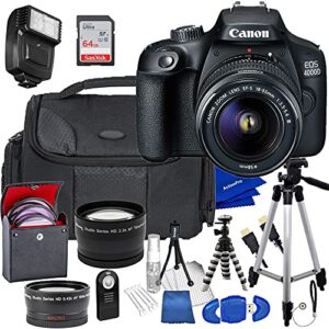 canon intl. canon eos 4000d dslr camera with canon ef-s 18-55mm f/3.5-5.6 iii lens, actionpro bundle includes 64 gb sandisk memory card, tripods, flash, bag, filters and more (large kit)