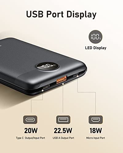 VEEKTOMX Mini Power Bank 10000mAh, Small Portable Charger with PD 3.0 & QC 3.0, 22.5W USB C Fast Charge Ultra-Compact Battery Pack, Dual Output Competible with iPhone, Sumsang, iPad