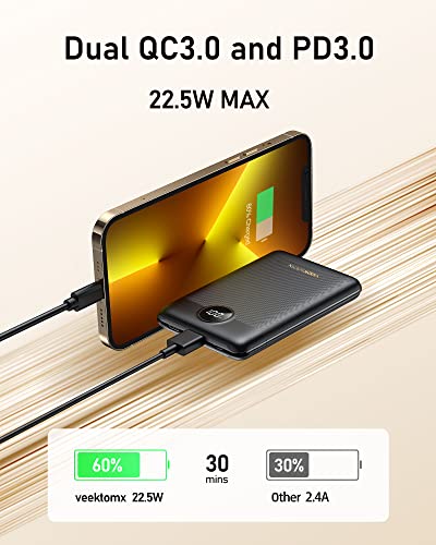 VEEKTOMX Mini Power Bank 10000mAh, Small Portable Charger with PD 3.0 & QC 3.0, 22.5W USB C Fast Charge Ultra-Compact Battery Pack, Dual Output Competible with iPhone, Sumsang, iPad