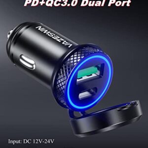 USB C Car Charger, VAZESWIN 60W 5A Mini Metal Super Fast Car Charger Adapter, QC3.0&PD Type C Dual Port Fast Charge USB Car Phone Charger with Blue LED Aperture and Protective Cover