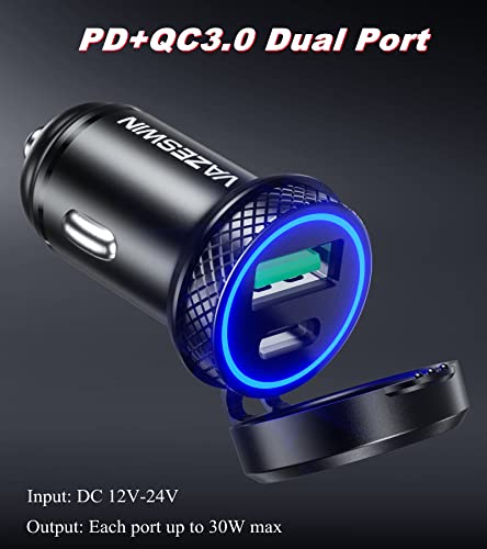 USB C Car Charger, VAZESWIN 60W 5A Mini Metal Super Fast Car Charger Adapter, QC3.0&PD Type C Dual Port Fast Charge USB Car Phone Charger with Blue LED Aperture and Protective Cover