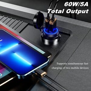 USB C Car Charger, VAZESWIN 60W 5A Mini Metal Super Fast Car Charger Adapter, QC3.0&PD Type C Dual Port Fast Charge USB Car Phone Charger with Blue LED Aperture and Protective Cover