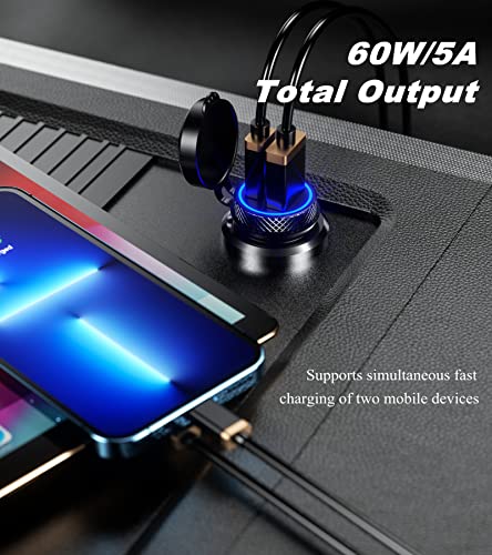 USB C Car Charger, VAZESWIN 60W 5A Mini Metal Super Fast Car Charger Adapter, QC3.0&PD Type C Dual Port Fast Charge USB Car Phone Charger with Blue LED Aperture and Protective Cover