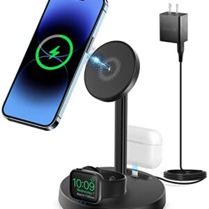 Mag-Safe 3 in 1 Wireless Charging Station, 15W Fast Magnetic Wireless Charger Stand for iPhone 14/13/12Pro/Pro Max/Mini/Plus, Apple Watch Ultra/8/7/6/SE/5/4/3/2, Airpods 3/2/1/Pro with QC3.0 Adapter