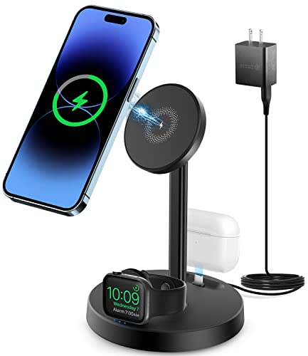 Mag-Safe 3 in 1 Wireless Charging Station, 15W Fast Magnetic Wireless Charger Stand for iPhone 14/13/12Pro/Pro Max/Mini/Plus, Apple Watch Ultra/8/7/6/SE/5/4/3/2, Airpods 3/2/1/Pro with QC3.0 Adapter