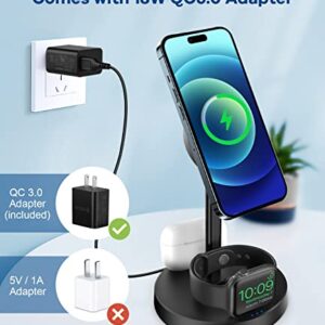 Mag-Safe 3 in 1 Wireless Charging Station, 15W Fast Magnetic Wireless Charger Stand for iPhone 14/13/12Pro/Pro Max/Mini/Plus, Apple Watch Ultra/8/7/6/SE/5/4/3/2, Airpods 3/2/1/Pro with QC3.0 Adapter