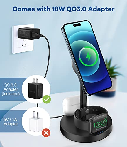 Mag-Safe 3 in 1 Wireless Charging Station, 15W Fast Magnetic Wireless Charger Stand for iPhone 14/13/12Pro/Pro Max/Mini/Plus, Apple Watch Ultra/8/7/6/SE/5/4/3/2, Airpods 3/2/1/Pro with QC3.0 Adapter