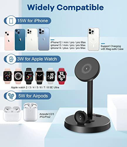 Mag-Safe 3 in 1 Wireless Charging Station, 15W Fast Magnetic Wireless Charger Stand for iPhone 14/13/12Pro/Pro Max/Mini/Plus, Apple Watch Ultra/8/7/6/SE/5/4/3/2, Airpods 3/2/1/Pro with QC3.0 Adapter