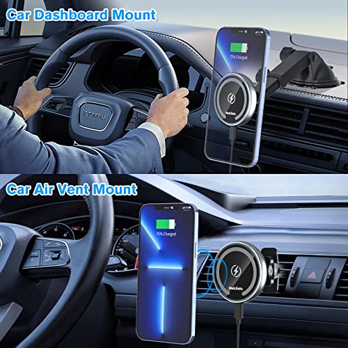 Magnetic Wireless Car Charger for Magsafe Mount iPhone 14 13 12 Pro Max Fast Charging Car Air Vent Strong Suction Cup Dashboard/Windshield Auto-Alignment Strong Magnets Phone Holder (Aluminum Shell )