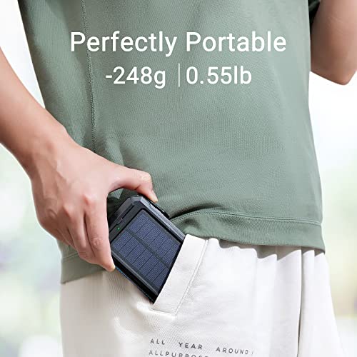 Solar Charger, Battery Pack, 20000mAh Portable Solar Power Bank with 2.1A USB-A Output Ports Compatible with iPhone, Samsung Galaxy, and More, Dual Emergency LED Flashlight Perfect for Hiking, Camping