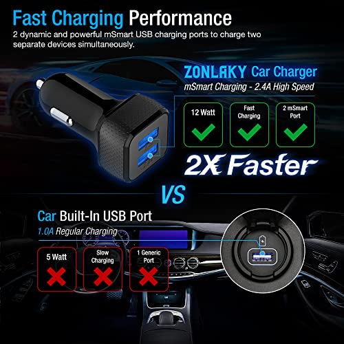 Zonlaky Car Charger 2 Pack, 24W Dual USB Car Charger - Black, SmartUSB Port Car Adapter Compatible iPhone 13/12/11/XR/Xs, iPad Pro/Air 2/Mini, LG, Pixel, Galaxy (Not Compatible with Quick Charge)