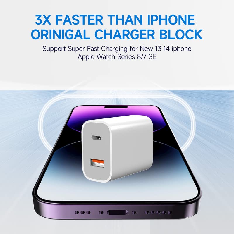 Compatible for Apple Watch Series 8, USB C Wall Charger Block, 20w Dual Port Fast Charing Block for iPhone 14 13 Pro Max, New Charger Brick Cube Box Adapter for iwatch Apple Watch Se 8 7