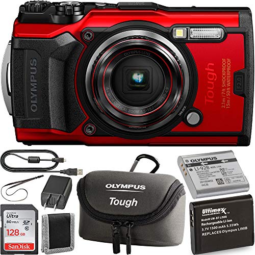 Olympus Tough TG-6 Digital Camera (Red) with Carrying Case (Black) and Starter Kit: Includes- x1 Ultimaxx Li-90B Replacement Battery for Olympus Tough TG-6 Cameras, & SanDisk Ultra 128GB