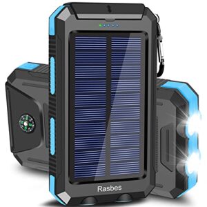 solar charger, 20000mah portable solar power bank ipx5 waterproof with built-in solar panel charger and led flashlight, solar phone charger battery pack for all cellphones.