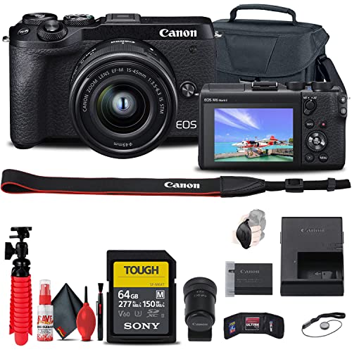 Canon EOS M6 Mark II Mirrorless Digital Camera with 15-45mm Lens and EVF-DC2 Viewfinder (Black) (3611C011), 64GB Tough Card, Case, Flex Tripod, Hand Strap, Cap Keeper, Memory Wallet + More (Renewed)