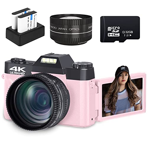 Digital Cameras for Photoggraphy, 4K Vlogging Camera for YouTube with Built-in Fill Light, 16X Digital Zoom, Manual Focus, 52mm Wide Angle Lens & Macro Lens, 32GB TF Card and 2 Batteries