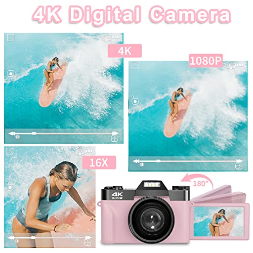 Digital Cameras for Photoggraphy, 4K Vlogging Camera for YouTube with Built-in Fill Light, 16X Digital Zoom, Manual Focus, 52mm Wide Angle Lens & Macro Lens, 32GB TF Card and 2 Batteries