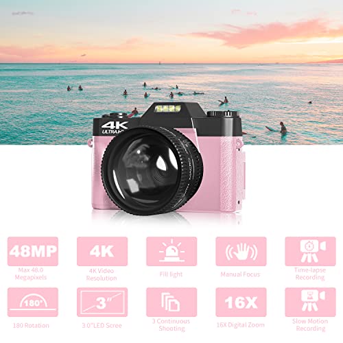 Digital Cameras for Photoggraphy, 4K Vlogging Camera for YouTube with Built-in Fill Light, 16X Digital Zoom, Manual Focus, 52mm Wide Angle Lens & Macro Lens, 32GB TF Card and 2 Batteries