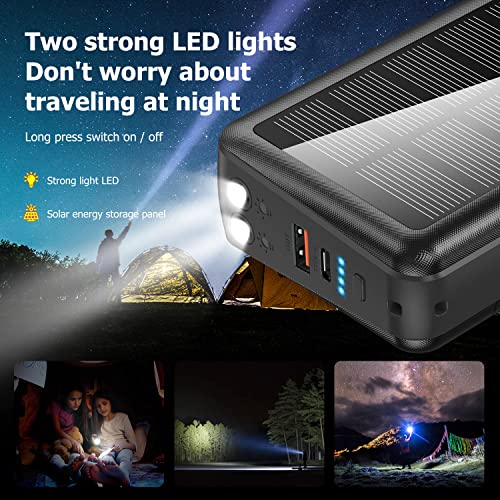 Portable Charger with Built in Cable and Wall Plug 30000mAh 22.5W Fast Charging Solar Power Bank with 5 Output & 2 Input Dual LED Flashlights Phone Holder External Battery Pack for iPhone Samsung