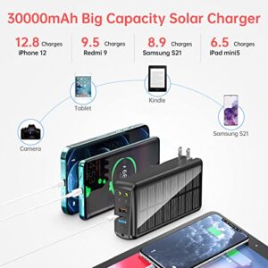 Portable Charger with Built in Cable and Wall Plug 30000mAh 22.5W Fast Charging Solar Power Bank with 5 Output & 2 Input Dual LED Flashlights Phone Holder External Battery Pack for iPhone Samsung