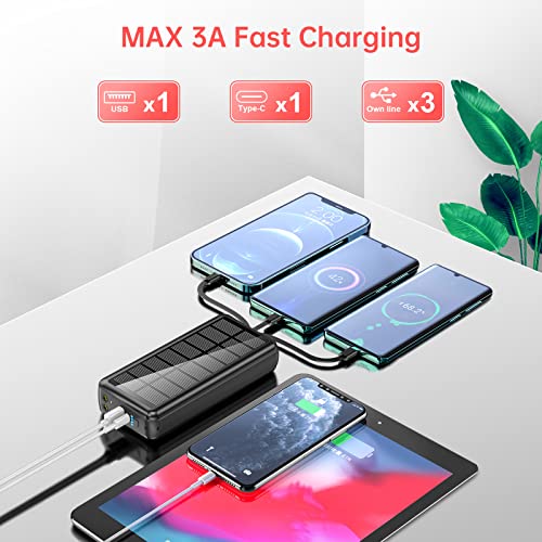 Portable Charger with Built in Cable and Wall Plug 30000mAh 22.5W Fast Charging Solar Power Bank with 5 Output & 2 Input Dual LED Flashlights Phone Holder External Battery Pack for iPhone Samsung