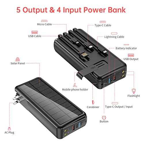 Portable Charger with Built in Cable and Wall Plug 30000mAh 22.5W Fast Charging Solar Power Bank with 5 Output & 2 Input Dual LED Flashlights Phone Holder External Battery Pack for iPhone Samsung