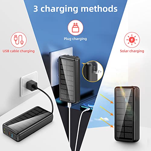 Portable Charger with Built in Cable and Wall Plug 30000mAh 22.5W Fast Charging Solar Power Bank with 5 Output & 2 Input Dual LED Flashlights Phone Holder External Battery Pack for iPhone Samsung