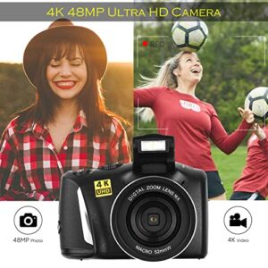 Digital Camera with Macro & Wide Angle Lens 48MP 4K Full HD Vlogging Camera for YouTube 3.0 Inch Screen Compact Camera for Beginners Teens Photography with Two Rechargeable Batteries