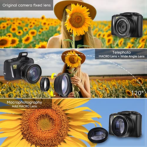 Digital Camera with Macro & Wide Angle Lens 48MP 4K Full HD Vlogging Camera for YouTube 3.0 Inch Screen Compact Camera for Beginners Teens Photography with Two Rechargeable Batteries