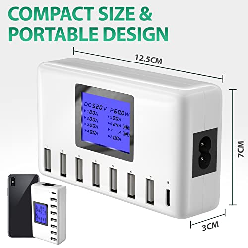 USB C Charging Station, Desktop Smart Multi Port USB Charging Station with LCD Display for Multiple Devices, 8 Ports 60W/12A USB Charger Station for iPad iPhone Android Phone and Tablet (White)