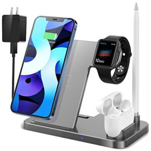 4 in 1 wireless charging station,2021 upgraded fast charging dock stand for iwatch series 7/6/se/5/4/3/2, airpods & pencil, compatible with iphone13/12pro/11/xs/xr/8/samsung