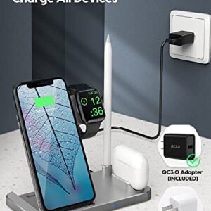 4 in 1 Wireless Charging Station,2021 Upgraded Fast Charging Dock Stand for iWatch Series 7/6/SE/5/4/3/2, AirPods & Pencil, Compatible with iPhone13/12Pro/11/XS/XR/8/Samsung