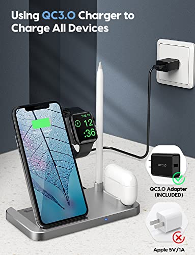 4 in 1 Wireless Charging Station,2021 Upgraded Fast Charging Dock Stand for iWatch Series 7/6/SE/5/4/3/2, AirPods & Pencil, Compatible with iPhone13/12Pro/11/XS/XR/8/Samsung