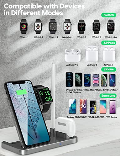 4 in 1 Wireless Charging Station,2021 Upgraded Fast Charging Dock Stand for iWatch Series 7/6/SE/5/4/3/2, AirPods & Pencil, Compatible with iPhone13/12Pro/11/XS/XR/8/Samsung