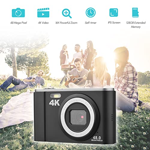 CalmGeek Portable Digital Camera 48MP 4K 2.8-inch IPS Screen 16X Zoom Self-Timer 128GB Extended Memory Face Detection -Shaking with 2pcs Batteries 32GB Memory Card Hand Strap Carry Pouch