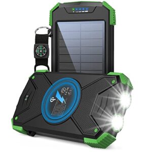 blavor solar charger power bank, qi wireless charger 10,000mah external battery pack type c input output dual super bright flashlight, compass carabiner, solar panel charging(dark green)