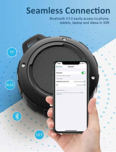 Outdoor Waterproof Bluetooth Speaker,Kunodi Wireless Portable Mini Shower Travel Speaker with Subwoofer, Enhanced Bass, Built in Mic for Sports, Pool, Beach, Hiking, Camping (Black)