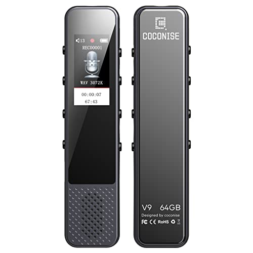 64GB Digital Voice Recorder, COCONISE Audio Recorder with 3072Kbps HD Recording, Voice Activated Recorder for Lecture with MP3 Player, A-B Loop Playback, Password, Accelerate Function