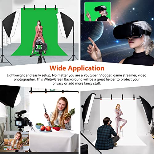 MSKIRA White Green Screen Backdrop with Stand 6.5x6.5ft Portable T-Shape Photo Backdrop Stand with 2-in-1 6x10ft Reversible White & Green Background Screen, 4 Spring Clamps, Sandbag, Carry Bag