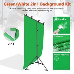 MSKIRA White Green Screen Backdrop with Stand 6.5x6.5ft Portable T-Shape Photo Backdrop Stand with 2-in-1 6x10ft Reversible White & Green Background Screen, 4 Spring Clamps, Sandbag, Carry Bag